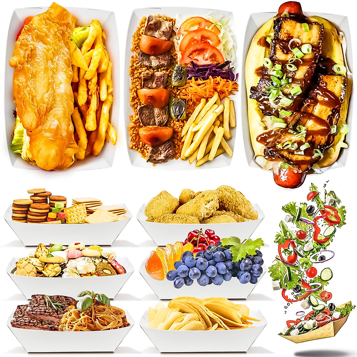 MotBach 100 Pack 3lb Paper Food Trays,Disposable Greaseproof Kraft Checkered Carnival Food Serving Take Out Basket Tray Boat for Snacks Fries Nachos Popcorn Hot Dogs Carnival Wedding Party Picnic