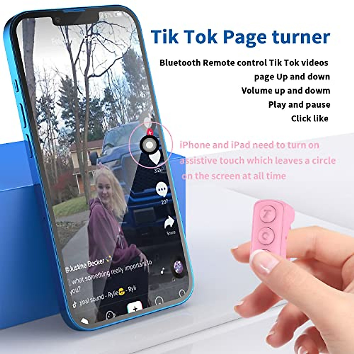 SOFAMIRI TIK Tok Bluetooth Remote Control Page Turner TikTok Kindle App Remote Scrolling Ring clicker for iPhone iPad Camera Remote Shutter Selfie Button (Pink)