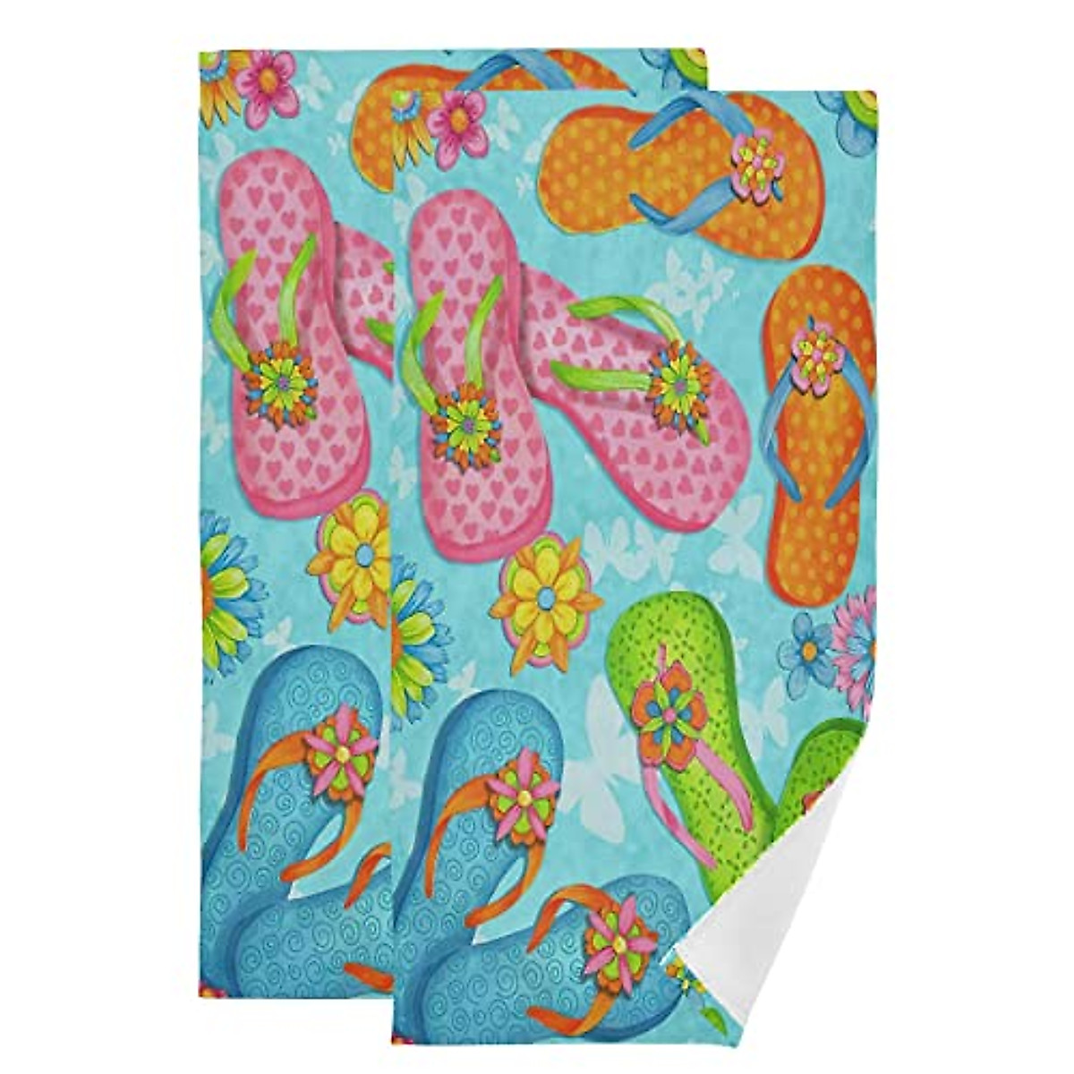 Summer Slippers Hand Towels for Bathroom,Turquoise Pink Orange Flip Flops Sunflower Flowers Towels 16"x28" Ultra Soft Absorbent Bathroom Hand Towel for Face,Gym,Tea,Teal Kitchen Dish Towel Set of 2