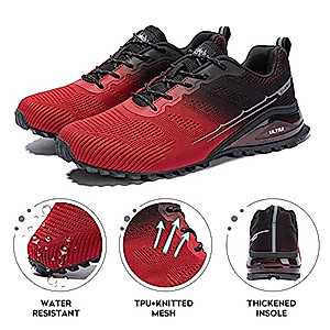 Kricely Men's Trail Running Shoes Fashion Hiking Sneakers for Men Tennis Cross Training Shoe Red Black Non-Slip Walking Footwear Size 10.5