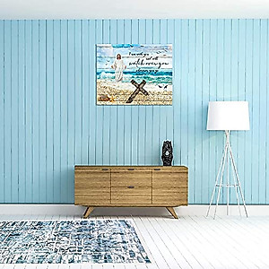 Christian Inspirational Decor Wall Art Jesus and Cross on Beach Picture Motivational Scripture Bible Verse Canvas Prints Teal and Blue Framed Artwork for Living Room Bedroom Bathroom Large 16"x12"