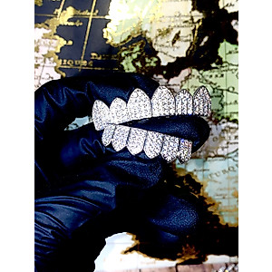 18K White Gold Plated CZ Cluster Custom Slugs Top Bottom Grillz Mouth Teeth Grills Set - Grillz, Teeth Cap, Iced Out Grillz (Top & Bottom Set)