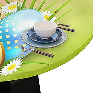 Easter Round Tablecloth with Elastic Edge, Happy Easter Rabbit Bunny Egg Fitted Tablecloth Washable Wipeable Spillproof Polyester Table Cover for Kitchen Dining Party Holiday Fits Round Table 45-56 In