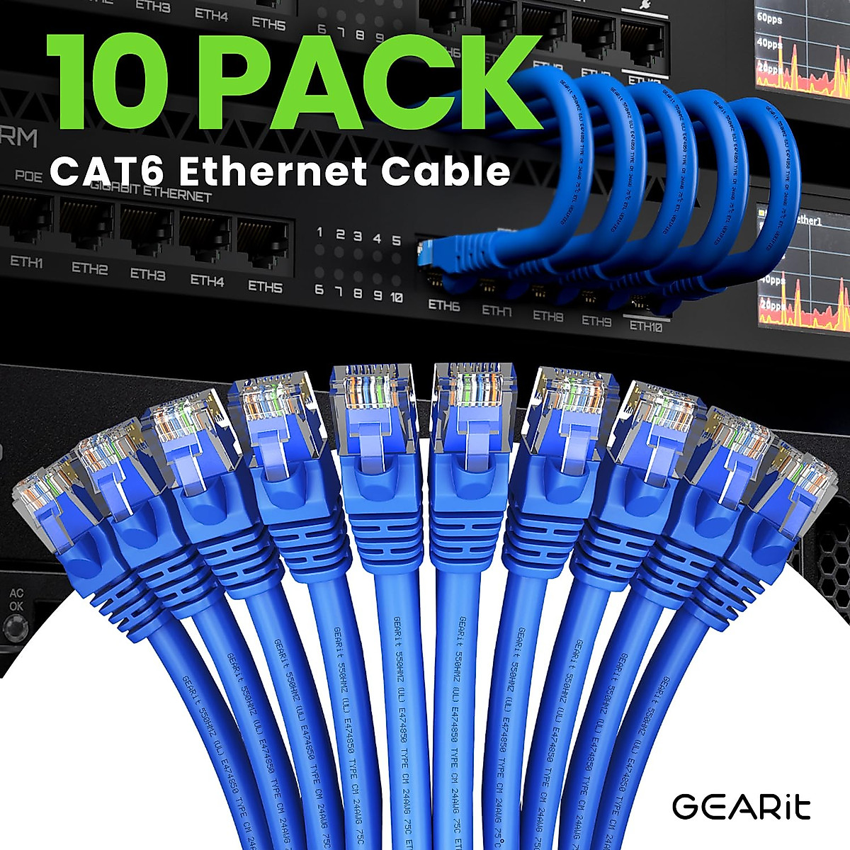 GearIT Cat 6 Ethernet Cable (10-Pack 10 Feet) Cat6 Network Patch, 10Gbps, RJ45, Snagless Cord, Gold-Plated Connectors, Internet for PC, TV, Tablet, Router, Printer, Servers, IT Data Center - Blue