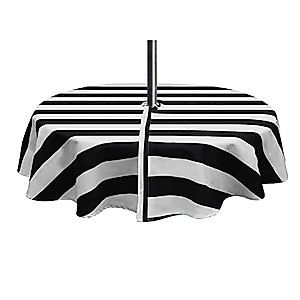 INFBLUE Tablecloth Waterproof Spillproof Polyester Fabric Table Cover with Zipper Umbrella Hole for Patio Garden (60" Round, Zippered, Black Stripe)