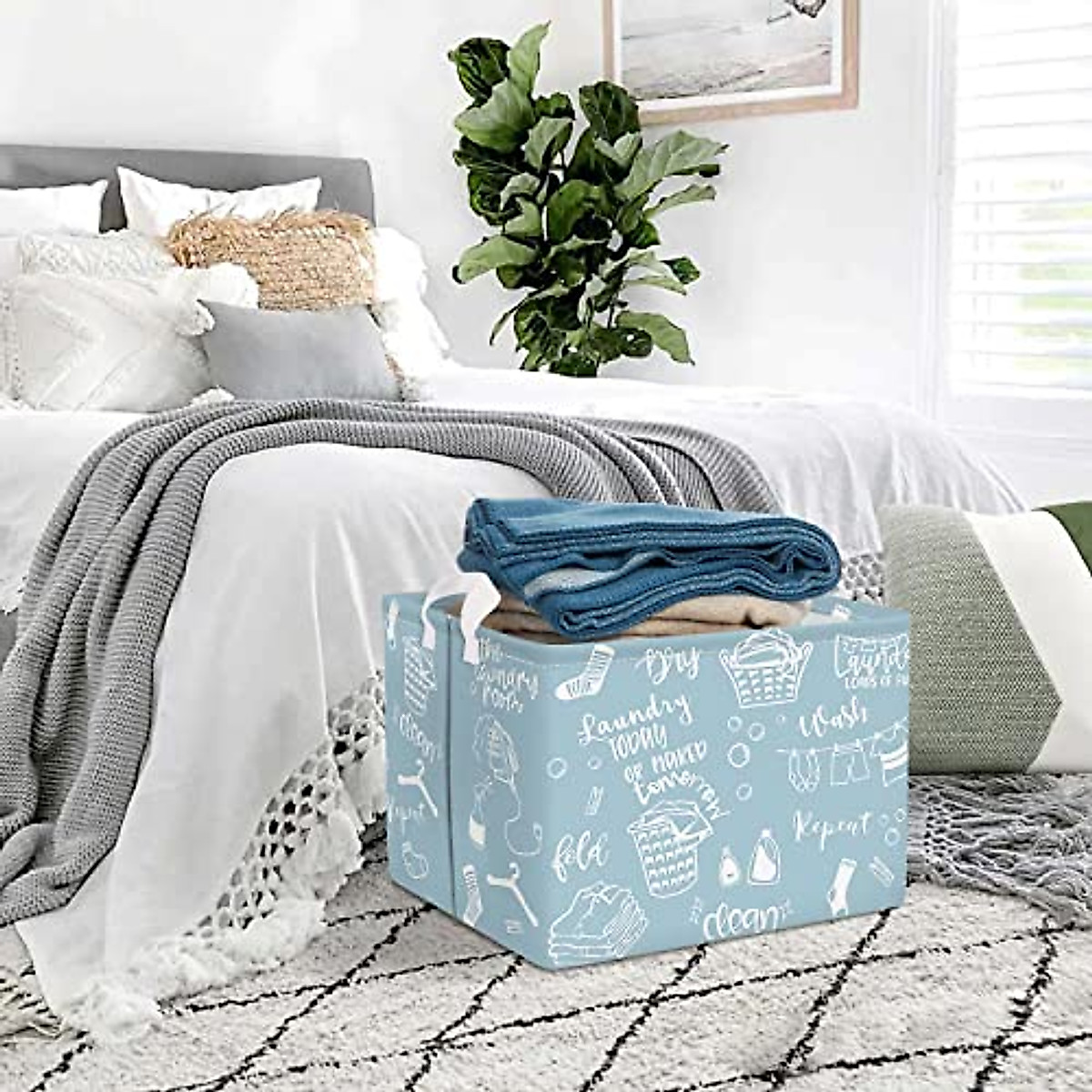 Clastyle Rectangular Blue Laundry Theme Storage Bins Waterproof Simple Fun Words Hanger Iron Laundry Basket Detergent Bubble Storage Basket for Toys Clothes Bedroom, 15.7x11.8x11.8 in