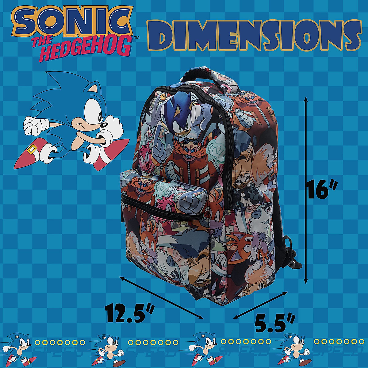 AI ACCESSORY INNOVATIONS Sonic The Hedgehog for Boys & Girls, Anime School Bag with Front & Side Pockets, Durable Nylon Gaming Bookbag with Padded Top Handle, Adjustable Straps