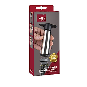 Vacu Vin Wine Saver Pump Stainless Steel with Vacuum Wine Stopper - Keep Your Wine Fresh for up to 10 Days - 1 Pump 2 Stoppers - Reusable - Made in the Netherlands