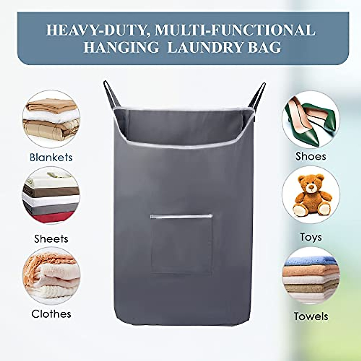 The Fine Living Co. X-Large Hanging Laundry Hamper with Over Door Hooks & Adhesive, Durable Space Saving Laundry Bag with Zipper and Wide Open Top, Hanging Dorm Laundry Hamper 20"x3.38"x30" (Grey-XL)