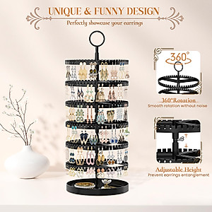 iDavosic.ly 6 Tier Rotating Earring Holder Organizer with Metal Tray, Adjustable Plastic Earring Display Stands Tree with 342 Grooves, Large Earring Storage Rack Tower for Hoop Dangle, Black