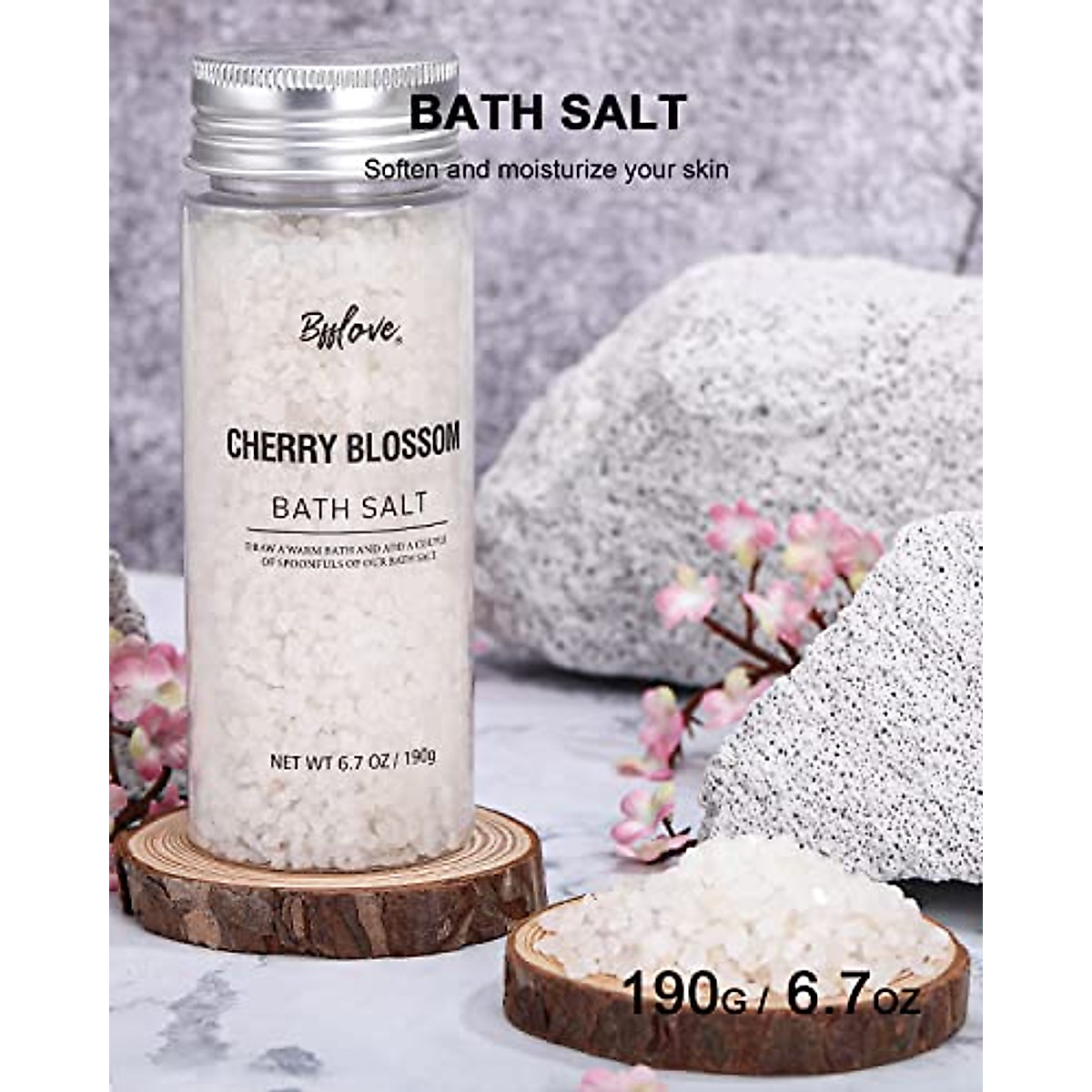 Gifts for Women, BFF LOVE-5pcs Cherry Blossom Bath and Body Set, Spa Kit Gift Set for Women with Massage Oil, Scented Candle, Bath Salt, Hand Cream & Soap, Gift Baskets for Women
