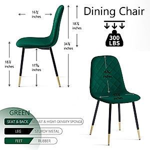 NORDICANA Velvet Dining Chairs Kitchen Plain Color Chair Upholstered Side Stools with Backrest Metal Legs Set of 4, Kelly Green
