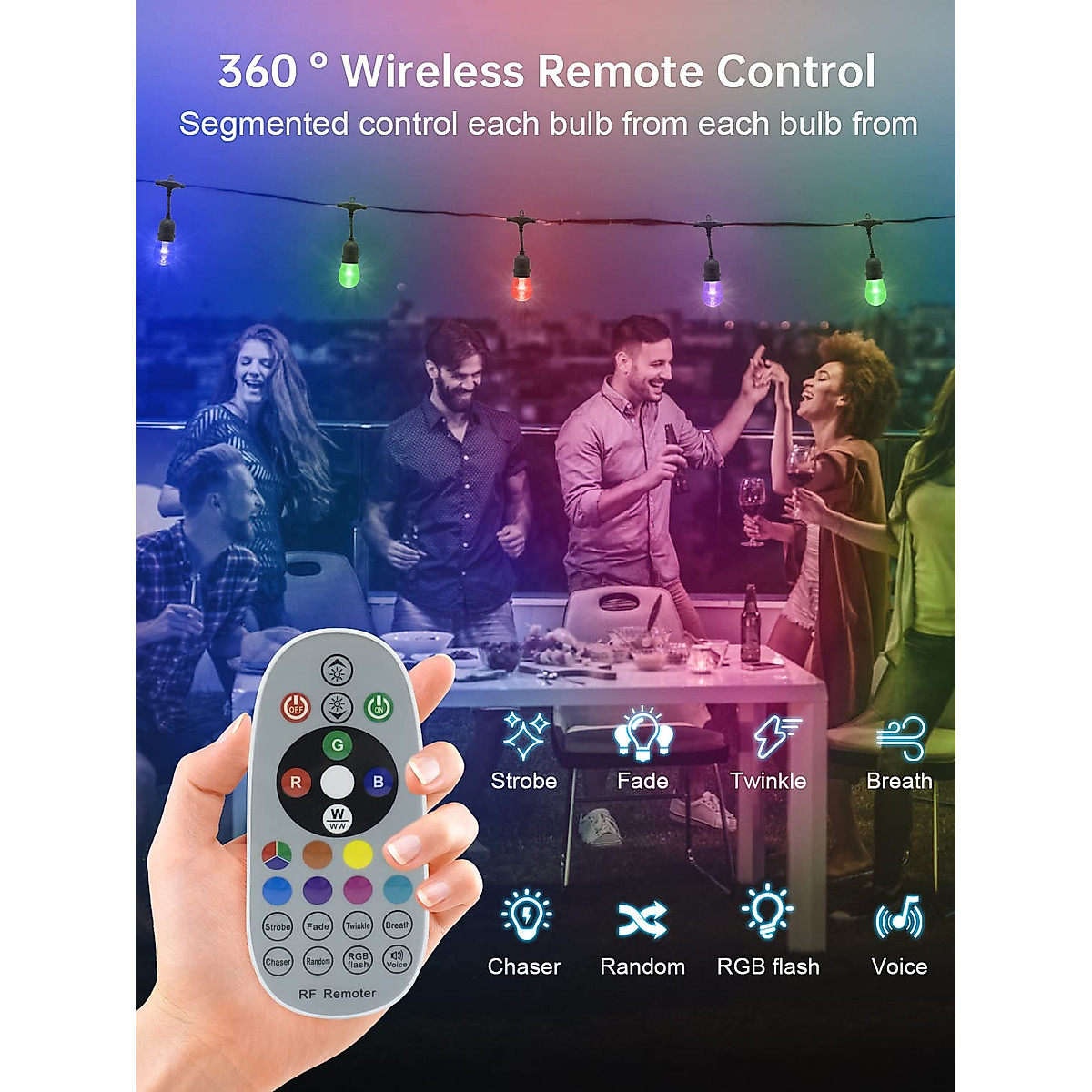 48FT Color Changing Outdoor String Lights, Commercial Grade with Music Sync Remote and 15 Shatterproof LED Edison Bulbs Dimmable Patio String for Christmas Holidays, Illuminate Your Space