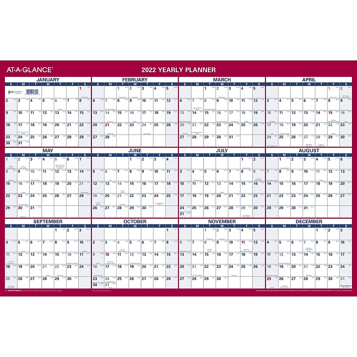 2022 Erasable Calendar, Dry Erase Wall Planner by AT-A-GLANCE, 36" x 24", Large, Vertical/Horizontal, Reversible, Includes Marker (PM2628)