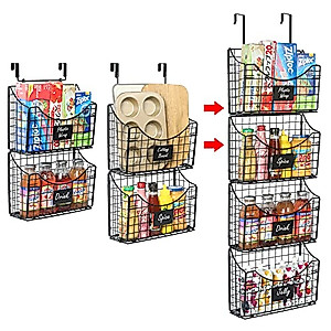 Over The Cabinet Door Organizer 4 Pack, Over Door Storage Basket with Name Plate Hooks for Cutting Board Foils Cookie Sheet, Grid Storage Bin Basket Holder Rack for Kitchen Pantry Bathroom