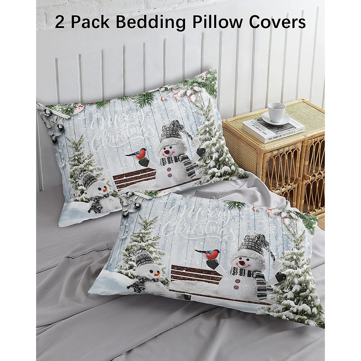 Edwiinsa Merry Christmas Pillow Covers King Standard Set of 2 20x36 Bed Pillow, Plush Soft Comfort for Hair/Skin Cooling Pillowcases with Envelop Closure Throw Covers Snowman Winter Pine Tree Leaves