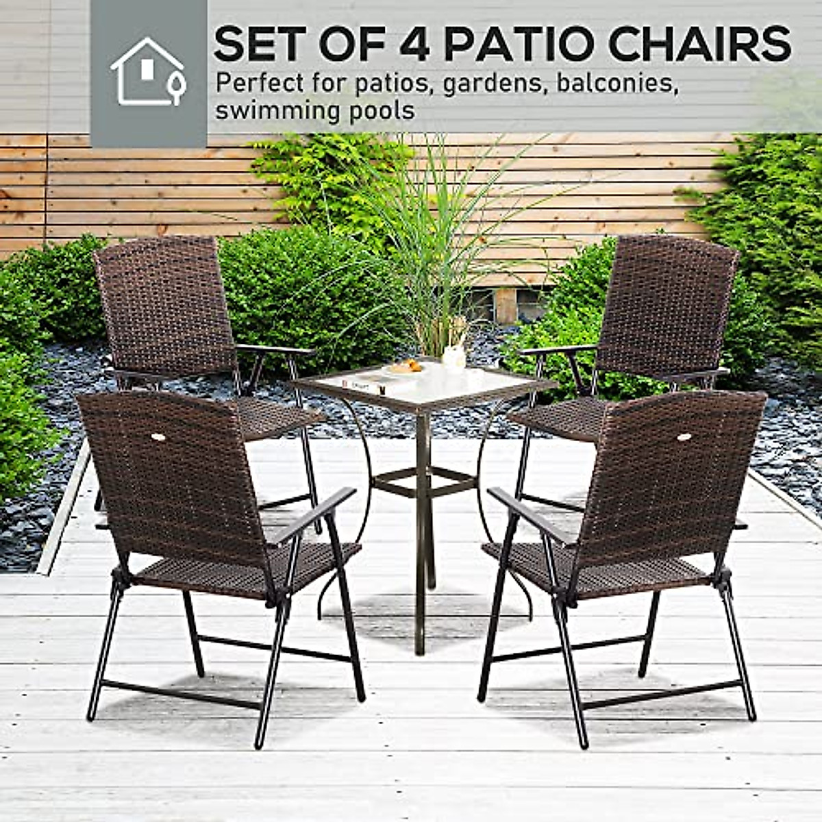 Outsunny PE Plastic Rattan Folding Chair Set, 4 Pack, Outdoor Wicker Seats w/Armrests, Steel Frame, Mixed Brown