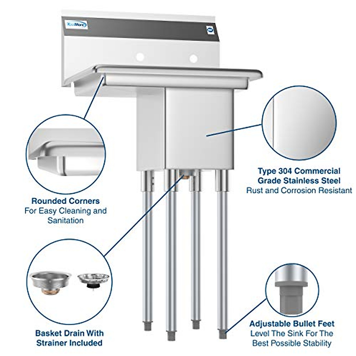 KoolMore 1 Compartment Stainless Steel Commercial Kitchen Prep & Utility Sink with Drainboard - Bowl Size 10" x 14" X 10"