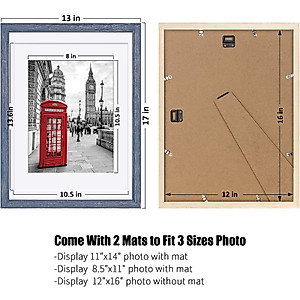 12x16 Rustic Picture Frames Solid Wood Display Pictures 11x14 or 8.5x11 Diplomas with Mat or 12x16 without Mat, Farmhouse Distressed Wooden Picture Frame for Wall or Table Top Display, Rustic Blue