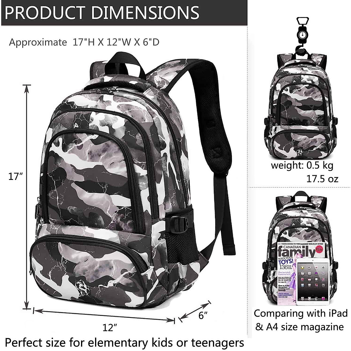 BLUEFAIRY Kids Backpack for Boys Elementary School Bags Primary Middle School Bookbags for Teens Back to School Gifts for Childs Mochila Escolares para Niños 17 Inch Aged 6-8 Camo Grey