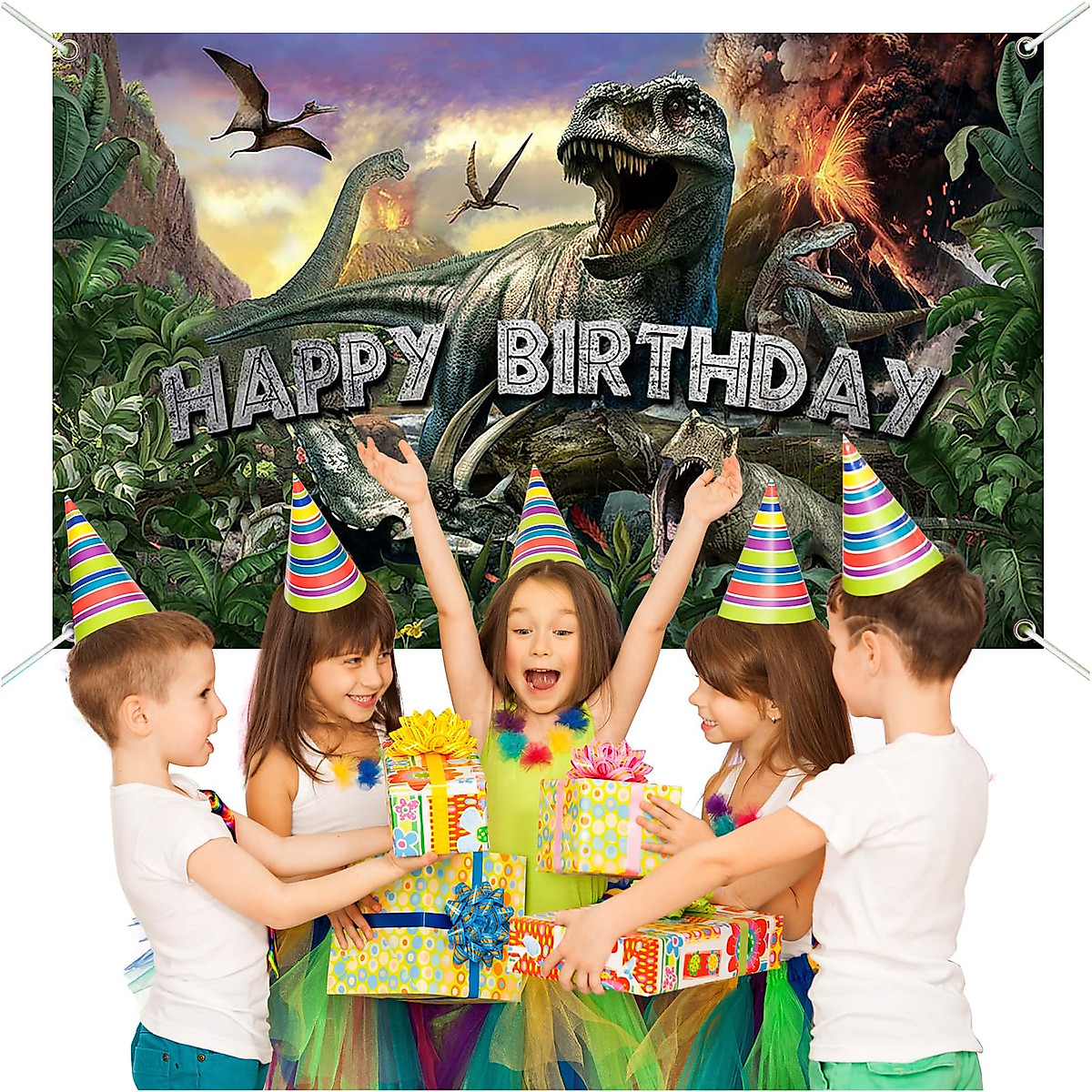 Avezano Dinosaur Jurassic Dino Theme Banner - Happy Birthday Boys Party Decorations - 70.8 x 43.3 Inch Photo Backdrop