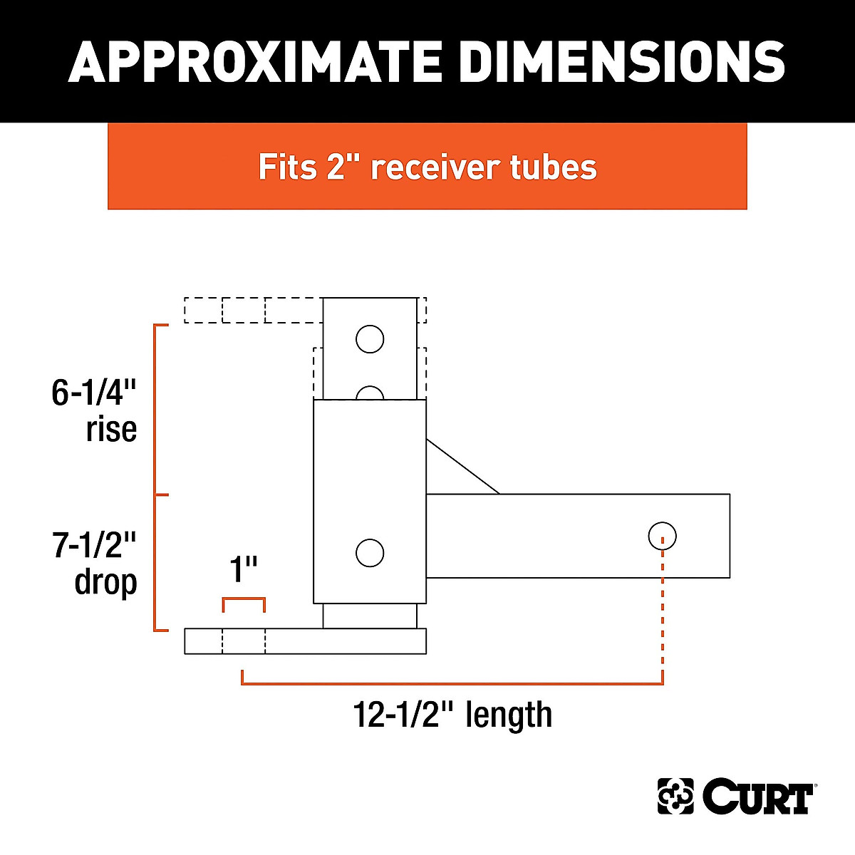 CURT 45812 Adjustable Trailer Hitch Mount, Fits 2-Inch Receiver, 7-1/2-Inch Drop, 1-Inch Hole, 5,000 lbs, GLOSS BLACK POWDER COAT