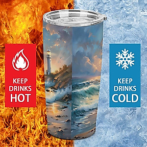 KIOWEIR Beautiful Seaside Lighthouse Stainless Steel Tumbler 20oz With Lid And Straw, Insulated Tumblers Coffee Cup, Travel Mug for Ice Drink & Hot Beverage for Women Men Boys Girls