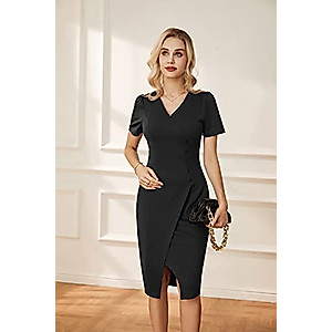 Women Pencil Dress Puff Short Sleeve Wrapped Slit V Neck Evening Night Sexy Dress Black L