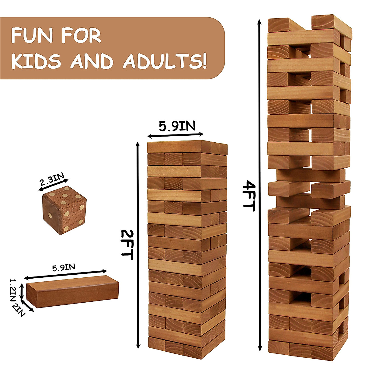 Juegoal 54 Pieces Giant Tumble Tower Blocks Game Giant Wood Stacking Game with 1 Dice Set, Gameboard, Canvas Bag for Adult, Kids, Family, Brown
