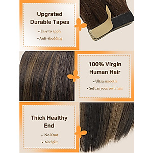 DOORES Tape in Hair Extensions Human Hair, Balayage Dark Brown to Chestnut Brown 50g 20pcs 18 Inch, Human Hair Extensions Natural Hair Extensions Remy Straight Hair Skin Weft