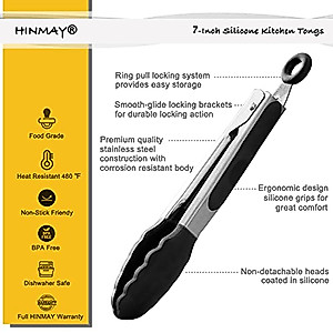 HINMAY Small Silicone Tongs 7-Inch Mini Serving Tongs, Set of 3 (Black Gray White)