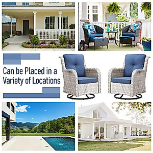 moosprr Patio Chairs Set, 5 PCS Furniture with Loveseat, Swivel Rocker Patio Chairs and 2 Wicker Ottoman, Light Grey / Blue, Casual/Tropical Style