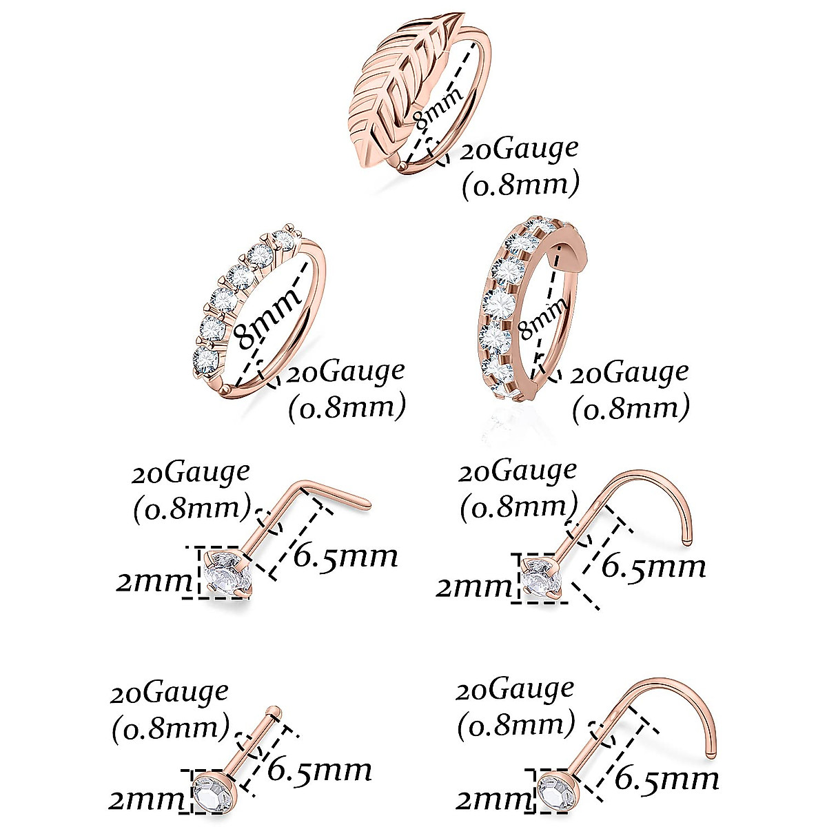 Vsnnsns 20G Nose Rings for Women Stainless Steel L Bone Screw Shaped Nose Studs Nose Rings CZ Nose Ring Hoop Nose Rings Studs Piercings Hoop Jewelry for Women Men Rose Gold 21Pcs