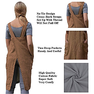TBA Cotton Linen Apron Cross Back Apron for Women with Big Pockets Square Pinafore Dress for Baking Cooking BBQ & Grill