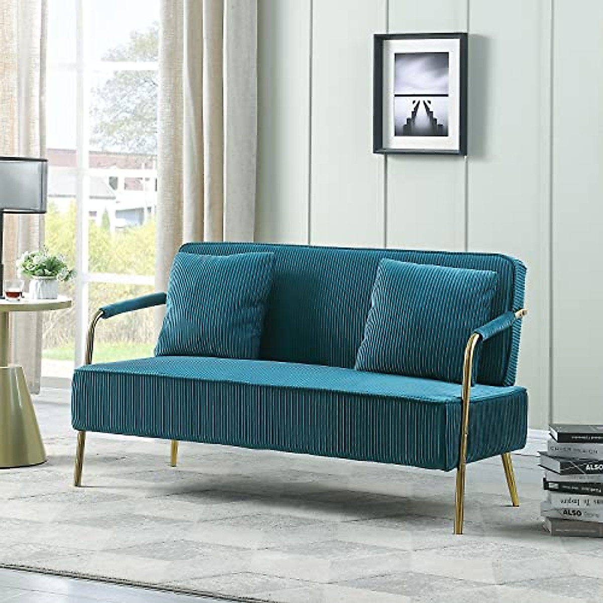 Homtique Loveseat Sofa Couch, Mid-Century Modern Velvet Love Seat Pleated Upholstered with 2 Pillows and Metal Legs, 56" Small Couches for Small Spaces Living Room, Bedroom (Teal)