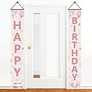 Pink and Rose Gold Happy Birthday Door Banner Decorations for Girls Women, Happy Birthday Porch Sign Party Supplies, Sweet 16th 21st 30th 40th 50th 60th Birthday Decor for Indoor Outdoor