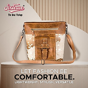 SIXTEASE Womens Shoulder Bag Vintage Style Shoulder Bags for Women - Made with Genuine Leather, Upcycled Canvas, or Hair On - Handmade, Adjustable Strap, Brass and Zinc Hardware - Tan Gold