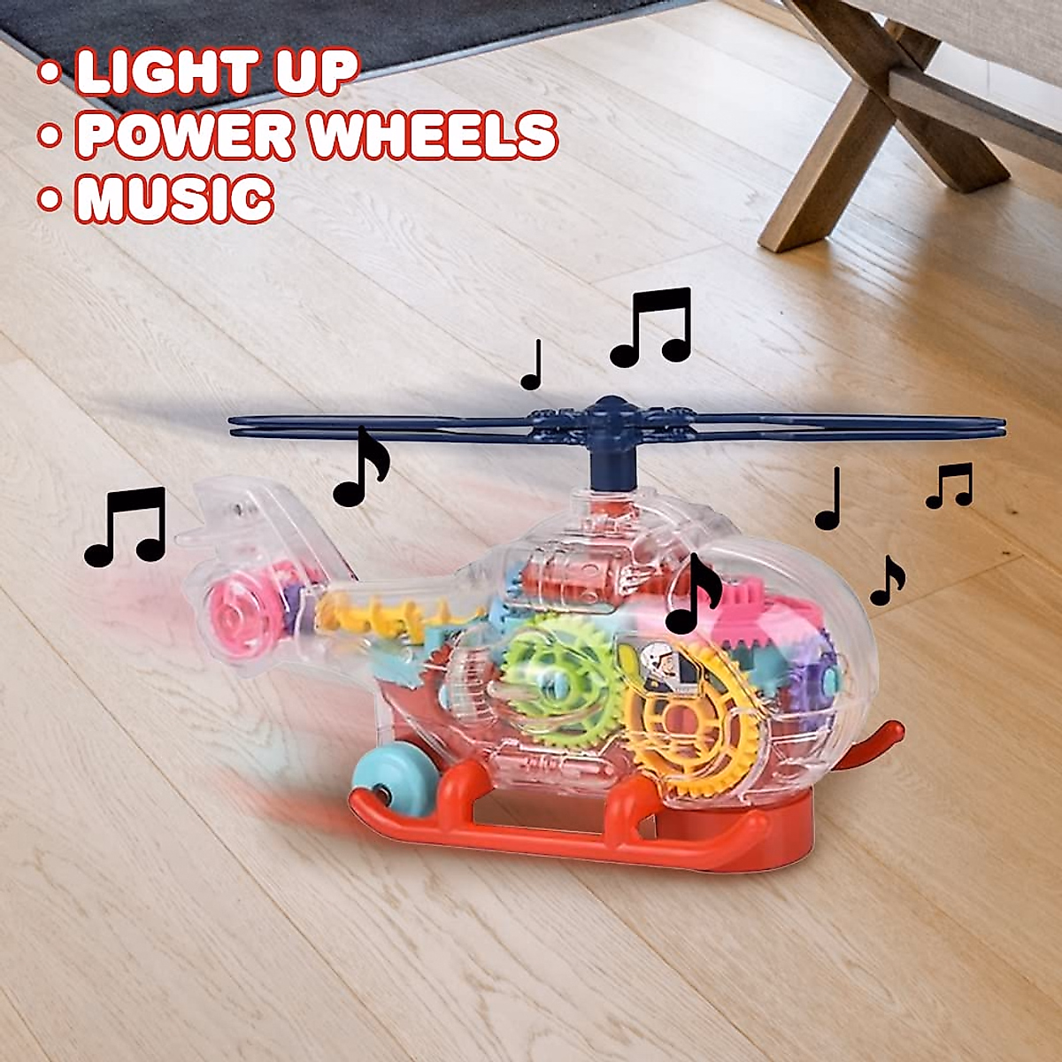 ArtCreativity Light Up Transparent Toy Helicopter for Kids, 1PC, Bump and Go Toy Car with Colorful Moving Gears, Music, and LED Effects, Fun Educational Toy for Kids, Great Birthday Gift Idea
