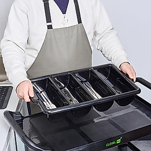 RW Clean 21.9 x 14.2 x 3.5 Inch Silverware Organizer, 1 Crack-Resistant Cutlery Tray - 4 Compartments, Built-In Handles, Black Plastic Utensils Drawer Holder, Wrap-Resistant, For Kitchen Organization