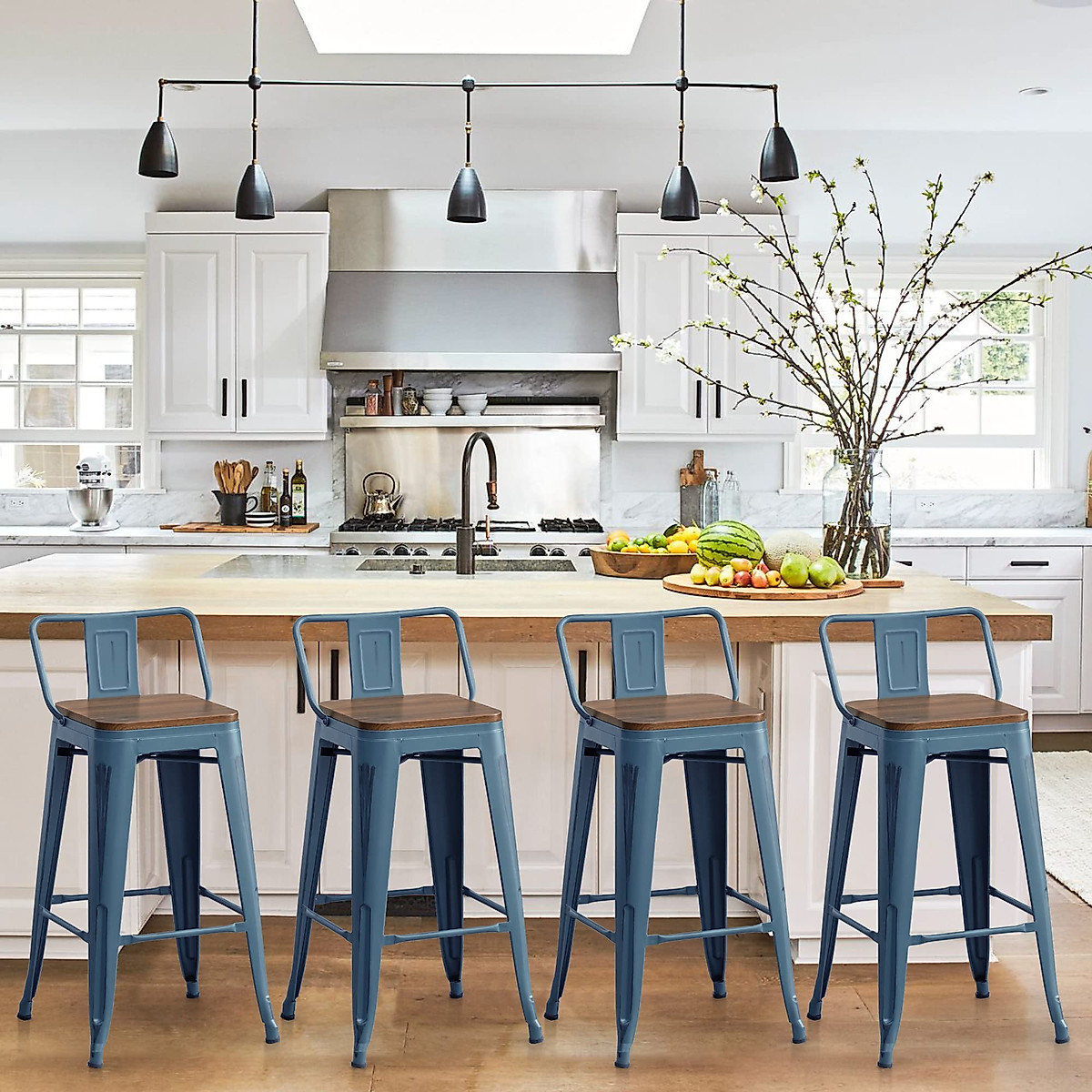 Andeworld Bar Stools Set of 4 Counter Height Stools Industrial Metal Barstools with Wooden Seats(24 Inch, Distressed Navy)