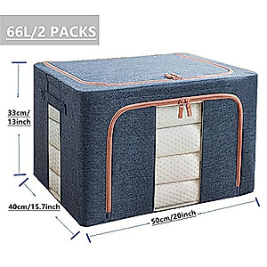 Southwit 2-Packs Storage Bins 66L Large Capacity Clothes Bag Underwear Socks Storage Box Stainless Steel Closet Organization for Comforters with 2 Windows Blue