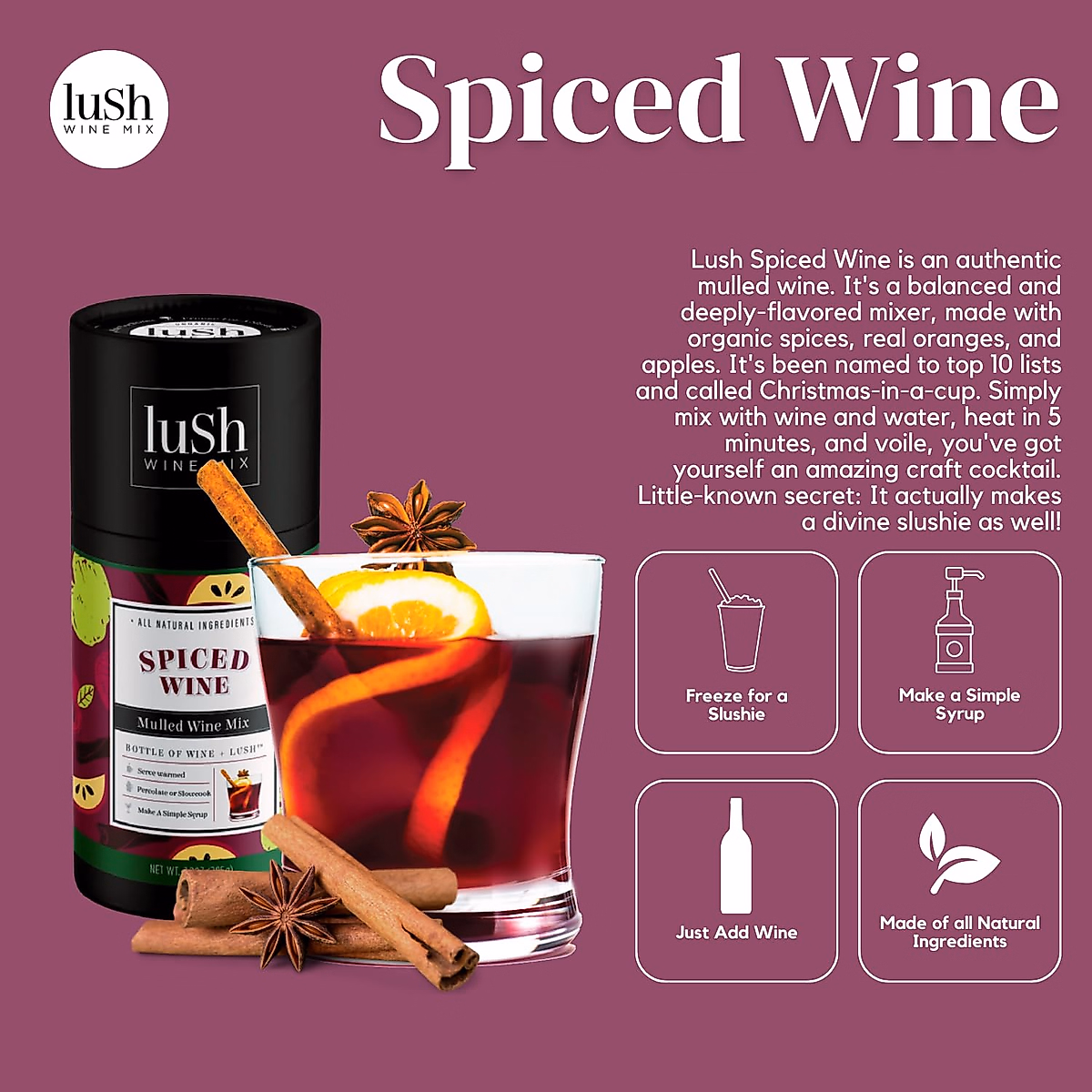 Lush Wine Mix, Holiday Spiced Wine, Makes 8+ Drinks, Organic Cocktail Mixers, Mocktails Non-Alcoholic Drinks, Mulled Apple Cider, Traditional Mulling Spices, Instant, Gluhwein, Sachet Bag - 1 Pack