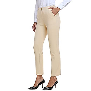 MoFiz Straight Leg Business Casual Dress Pants for Women Stretchy Office Work Teacher Petite Pants High Waisted Golf Slacks Pull On Trousers Khaki L