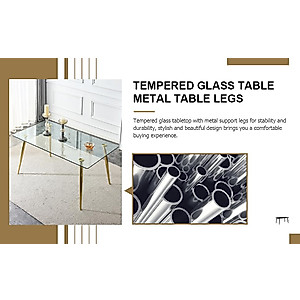 VENBER Rectangle Glass Dining Table with Gold Legs, 63" Modern Transparent Tempered Glass Desktop,End Tables Center Table for Living Room,Dining Room, Tea (Gold)