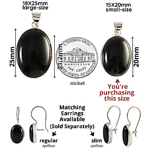 Sterling Silver Oval Black Onyx Small Pendant Necklace - Handmade 15x20mm Black Stone 16+2 inches Chain for Women