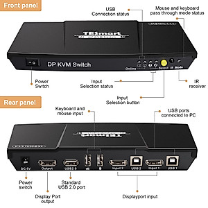TESmart 2 Port DisplayPort 4K@60Hz Ultra HD 2x1 DP KVM Switcher with 2 Pcs 5ft KVM Cables and DP Cables Supports USB 2.0 Devices Control up to 2 DP Port Devices (Black)