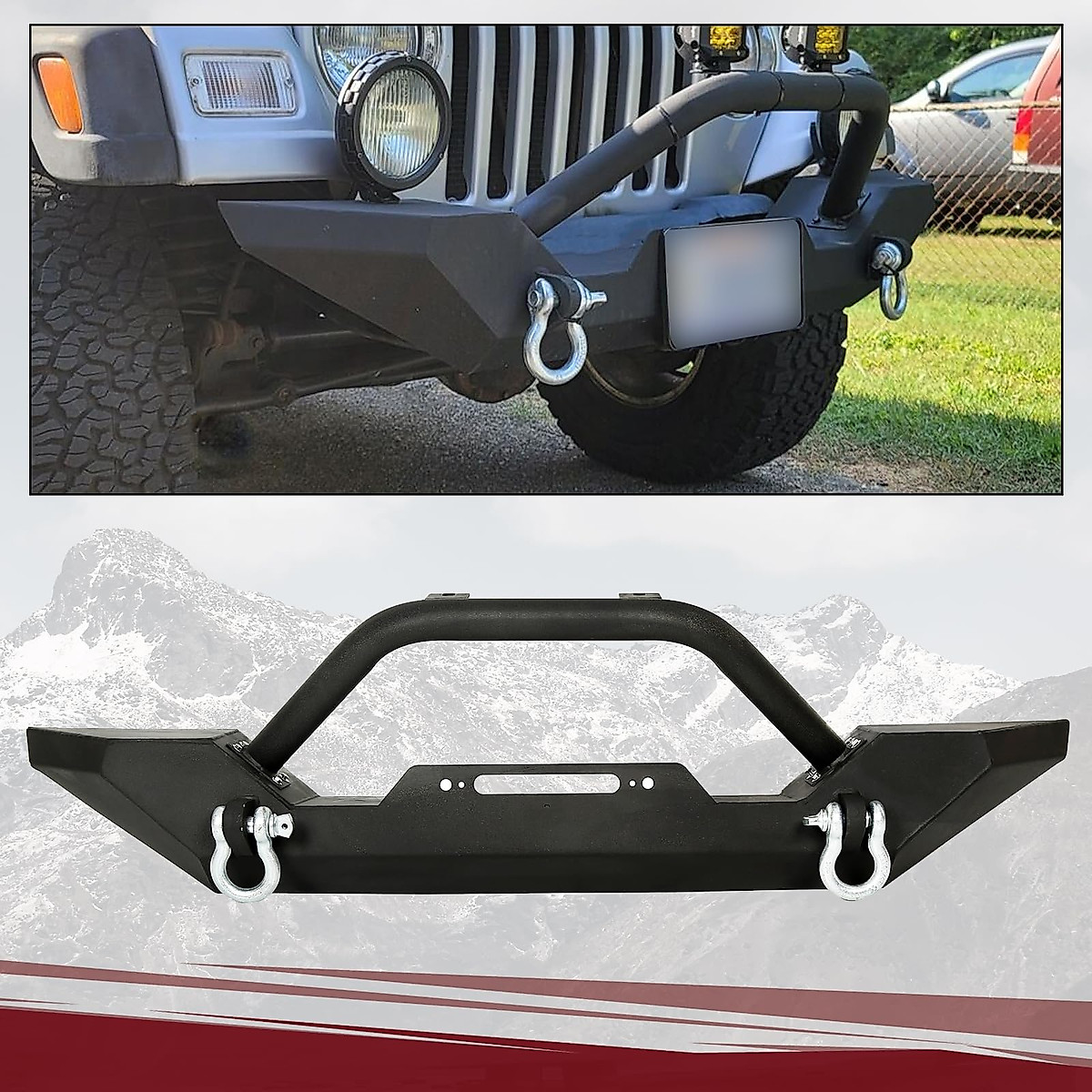 HECASA Front & Rear Bumper Compatible With 1987-1996 Jeep Wrangler YJ 1997-2006 Wrangler TJ W/Tire Carrier and D-Rings Powder Coated Steel Black(3 packages)