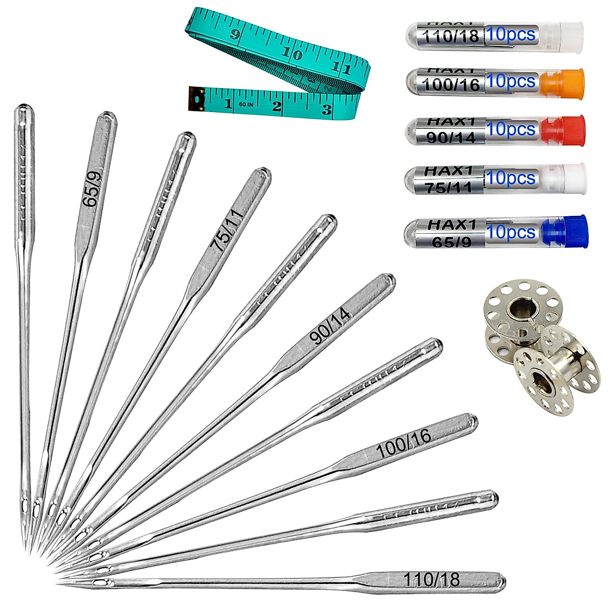 Sewing Machine Needles, Pack of 50, for Singer, Brother, Janome, Varmax and Home Sewing Machines. Universal Standard Needles in Sizes 65/9, 75/11, 90/14, 100/16, 110/18