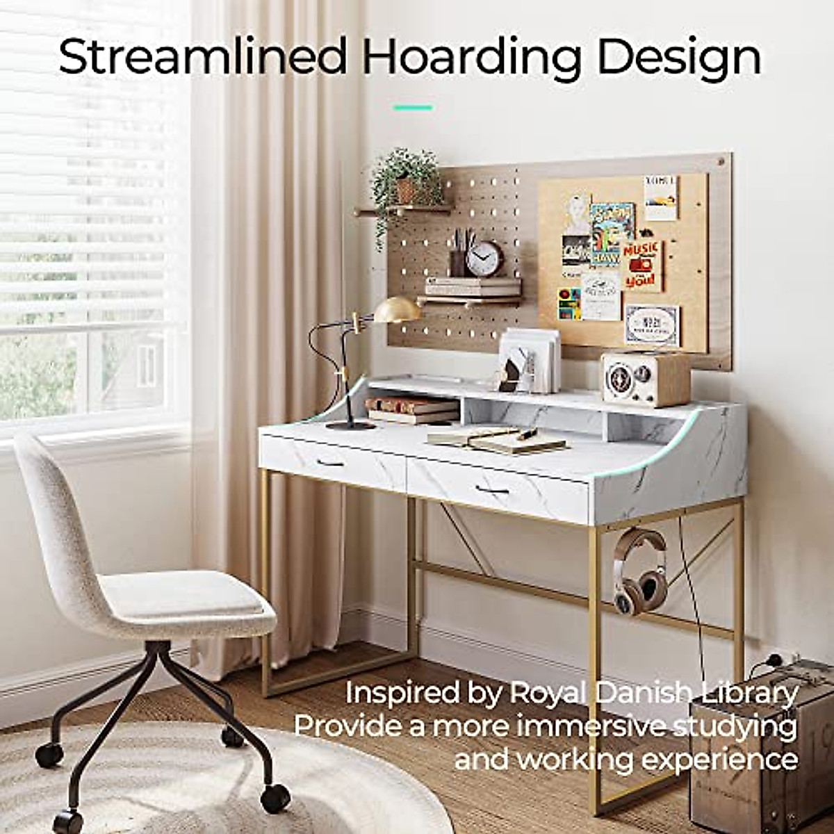 LINSY HOME Computer Desk with Drawers, 47-inch Writing Desk Study Table with Monitor Stand Riser for Home Office, White
