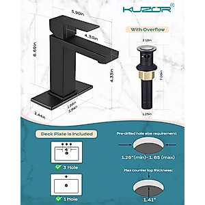 KUZOR Bathroom Faucets Matte Black, Single Hole Bathroom Sink Faucet with Metal Pop Up Drain, 304 Stainless Steel Modern Square One Hole Faucet for Bathroom Sink, Black Matt
